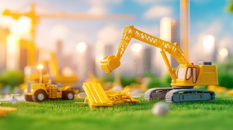 Miniature Construction Scene with Yellow Excavator and Loader in Urban ...