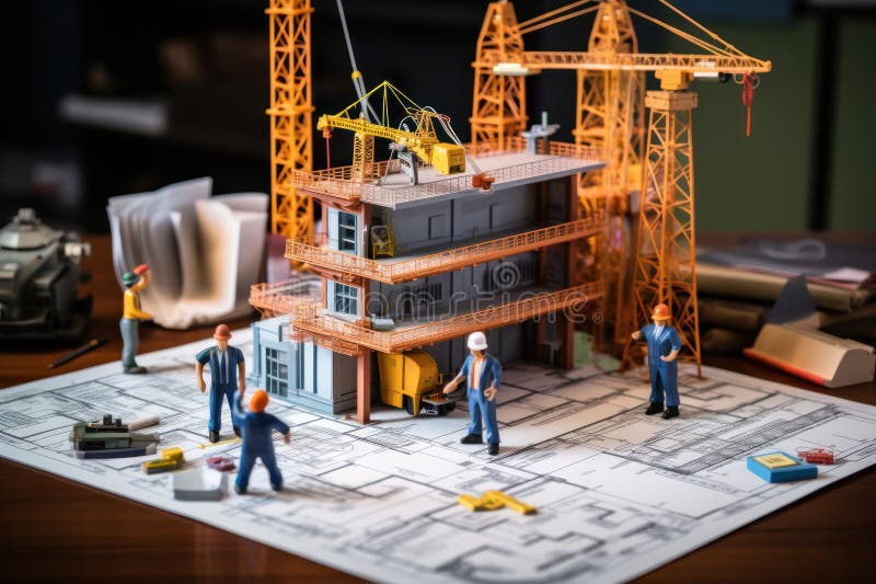 Miniature Construction Site with Cranes and Workers Architectural Model ...