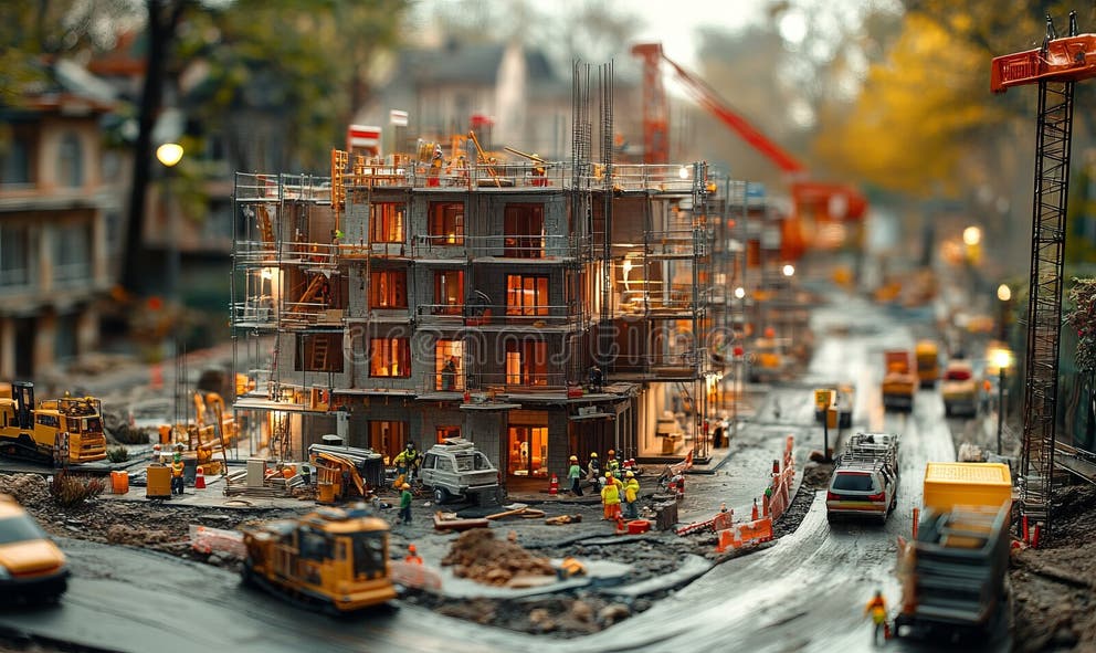 Miniature Construction Site with Detailed Vehicles and Workers in ...