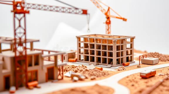 Miniature Construction Site Model with Building Structures and Cranes ...