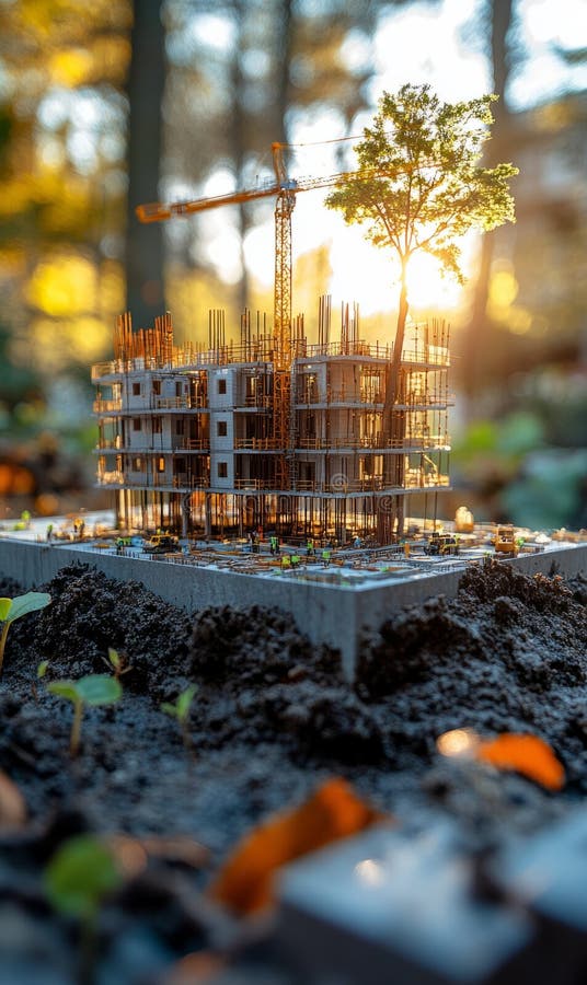 Miniature Construction Site with Sunlight Filtering through Trees Stock ...