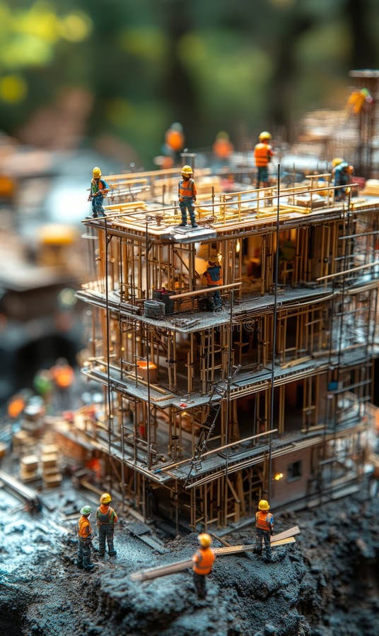 Miniature Construction Site with Workers Engaged in Building Activity ...