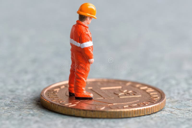 Miniature Construction Worker Figure Standing on a Coin, Symbolizing ...