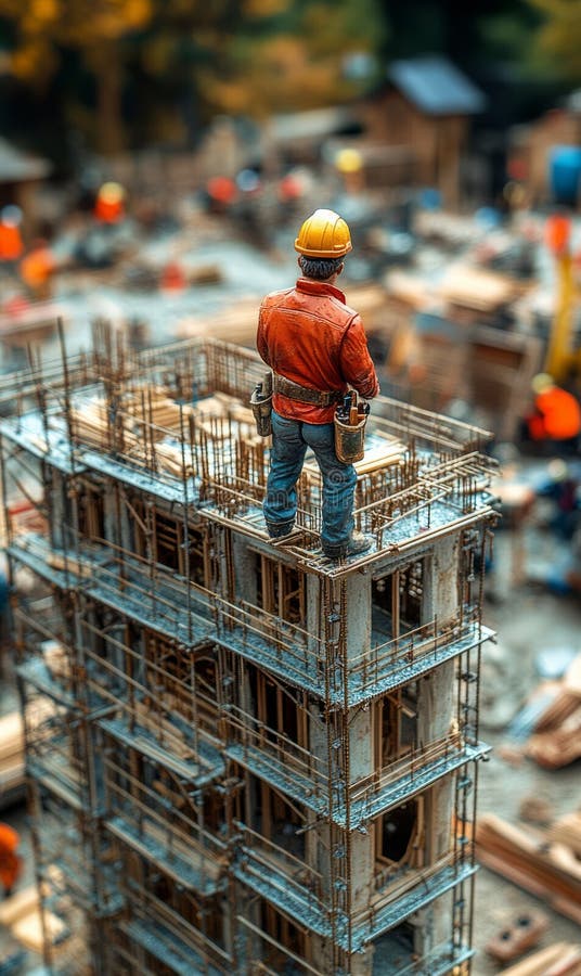 Miniature Construction Worker Observes Building Site from Top of ...