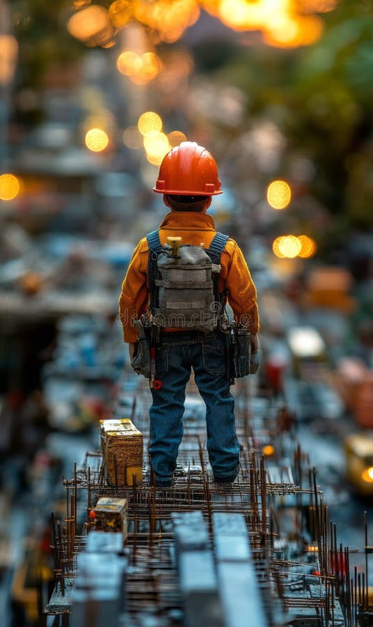 Miniature Construction Worker Observing Bustling Cityscape at Sunset ...