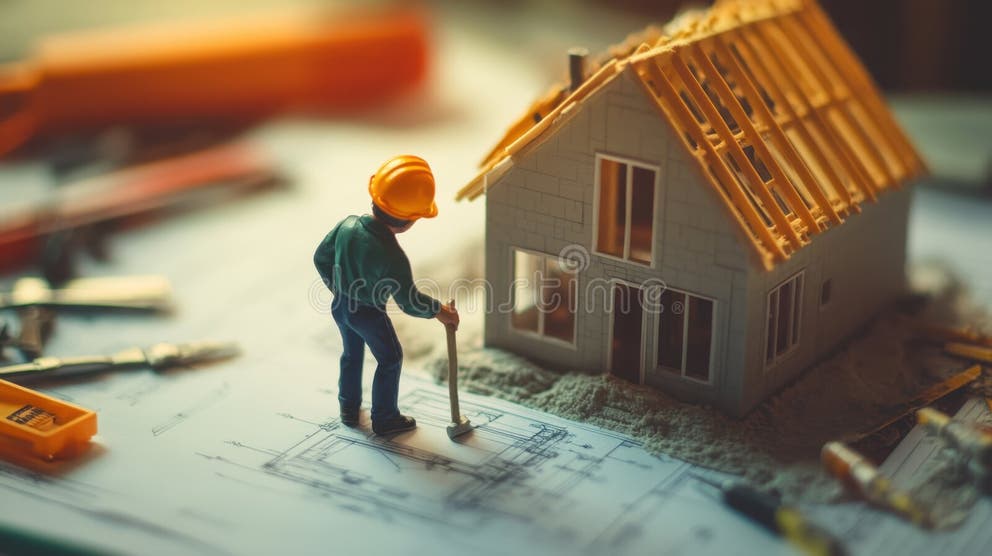 Miniature Construction Worker Planning House Blueprint on Table Stock ...