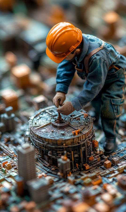 Miniature Construction Worker Repairing a Detailed Model Cityscape ...