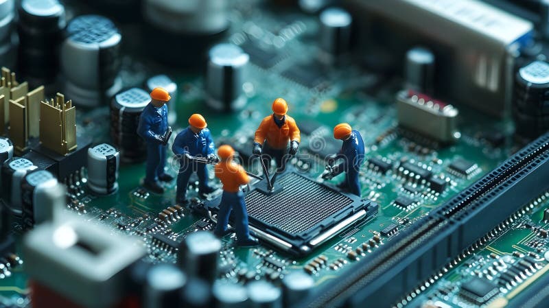 Miniature Construction Workers Assembling Components on a Circuit Board ...