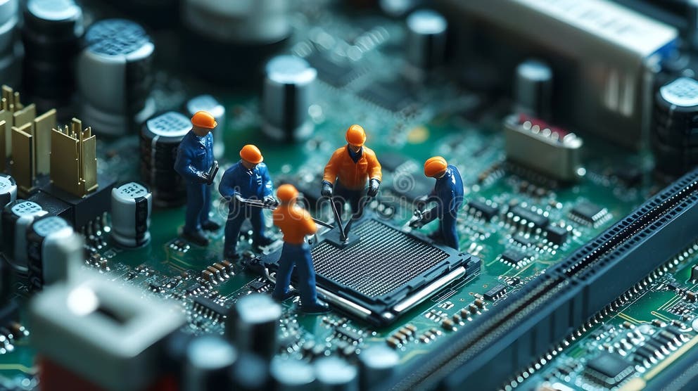 Miniature Construction Workers Assembling Components on a Circuit Board ...