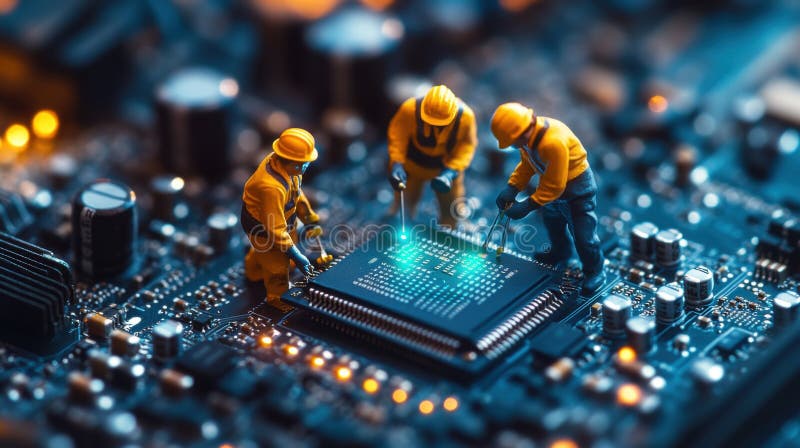 Miniature Construction Workers Assembling Microchip Circuit Board ...