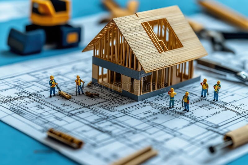 Miniature Construction Workers Build House Model on Blueprints ...