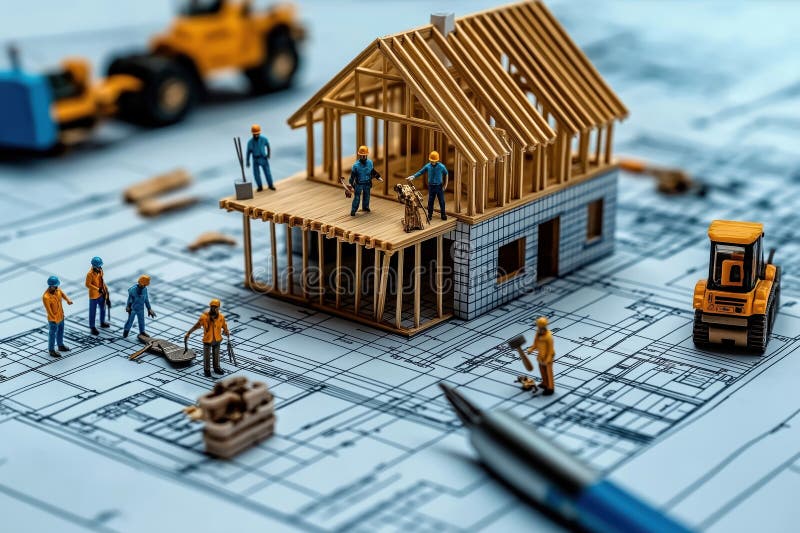Miniature Construction Workers Build Tiny House Model on Blueprint ...