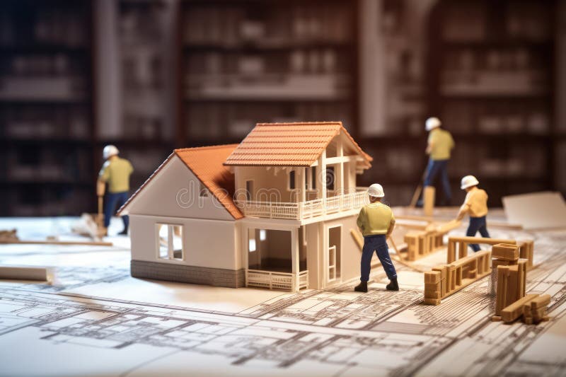 Miniature Construction Workers and Building Architectural Model with ...