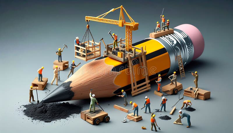 Miniature Construction Workers Building a Giant Pencil Stock ...
