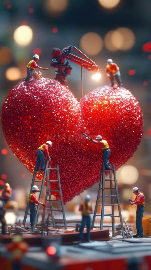 Miniature Construction Workers Building a Giant Red Heart Stock Image ...