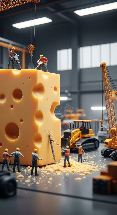 Miniature Construction Workers Building a Gigantic Block of Swiss ...
