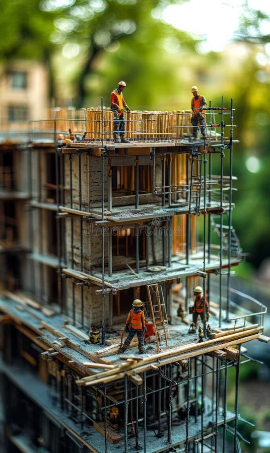Miniature Construction Workers Building a High-rise Structure Outdoors ...