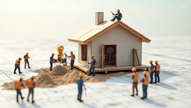 Miniature Construction Workers Building a House Model Using Blueprints ...