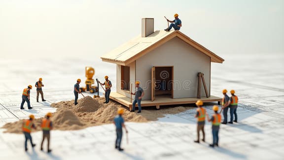 Miniature Construction Workers Building a House Model Using Blueprints ...