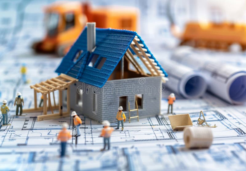 Miniature Construction Workers Building a Model Home on Blueprint Paper ...