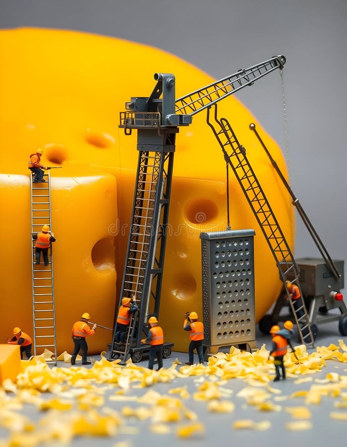 Miniature Construction Workers Building and Processing a Huge Cheese ...