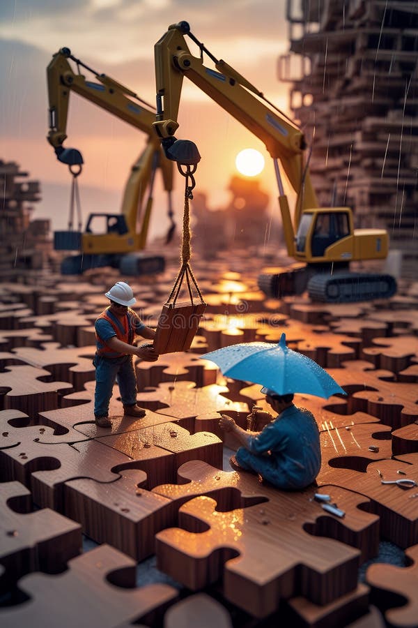 Miniature Construction Workers Building Puzzle Structure with ...