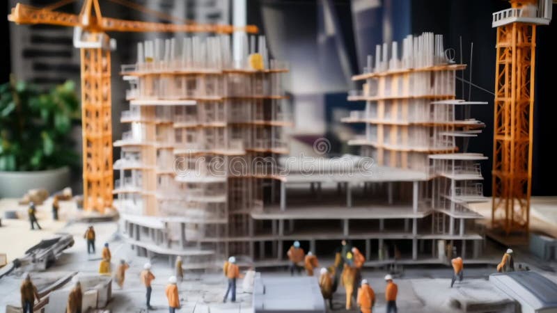 Miniature Construction Workers Building Scale Model of Modern Building ...