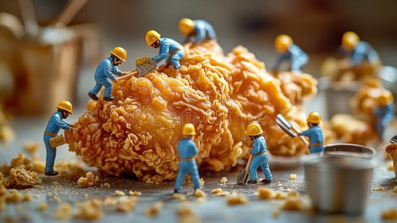 Miniature Construction Workers Collaborating on Giant Fried Chicken ...