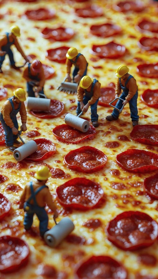 Miniature Construction Workers Diligently Working To Resurface a Pizza ...