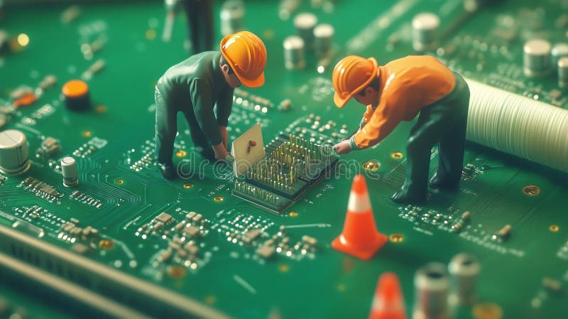 Miniature Construction Workers Repairing a Computer Processor on a ...