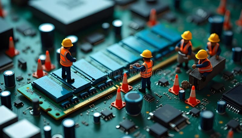 Miniature Construction Workers Installing Computer RAM Stock ...