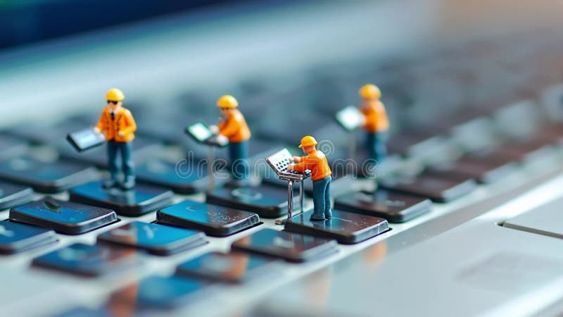 Miniature Construction Workers on a Laptop Keyboard Engage in Teamwork ...