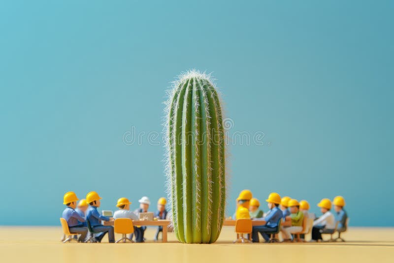 Miniature Construction Workers in a Meeting Around a Large Cactus ...