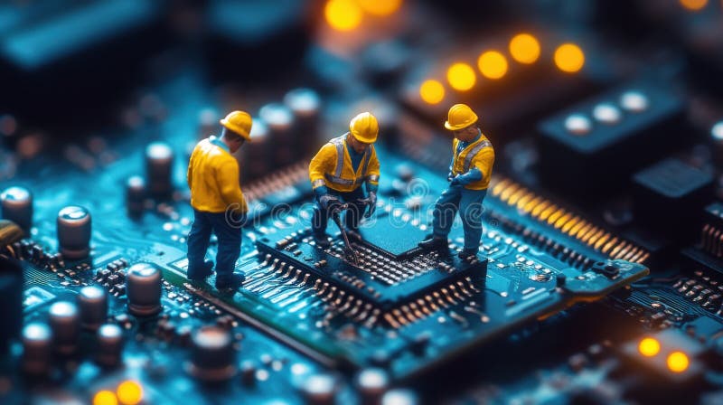 Miniature Construction Workers on Microchip Illustrating Technology ...