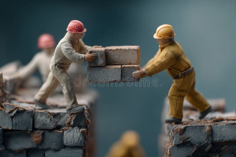 Miniature Construction Workers Moving Bricks on Tiny Walls in Close-Up ...
