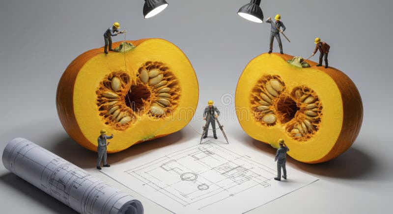 Miniature Construction Workers Plan a Giant Pumpkin Stock Illustration - Illustration of ...