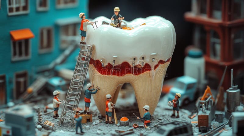 Miniature Construction Workers Repairing a Tooth in City Backdrop Stock ...