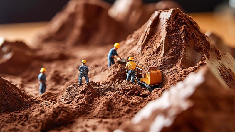 Miniature Construction Workers Using Equipment To Reshape a Chocolate ...