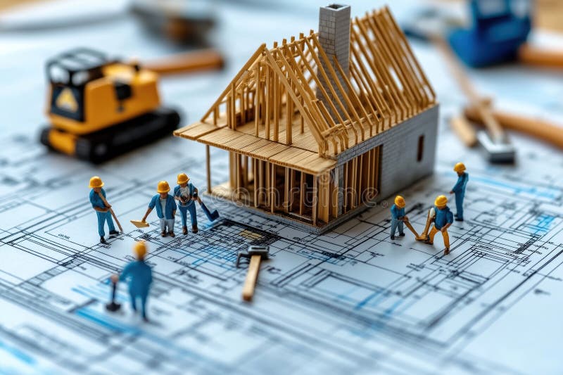 Miniature Construction Workers Work on Small House Model. Blueprints ...