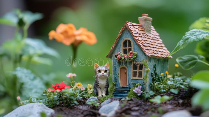Miniature Cottage and Cat Figurine in a Whimsical Garden Setting Stock ...