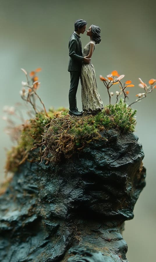 Miniature Couple Embracing on a Rocky Outcrop Surrounded by Plants ...