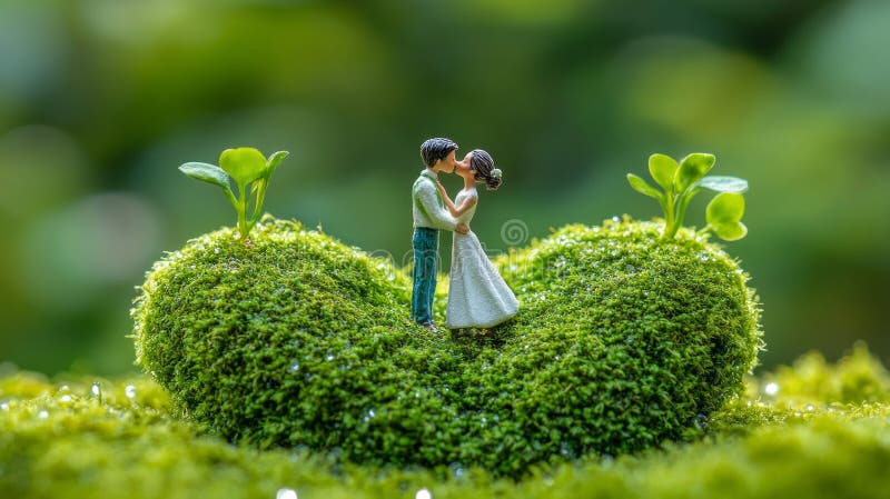 Miniature Couple Kissing on Heart Shaped Moss Stock Illustration ...