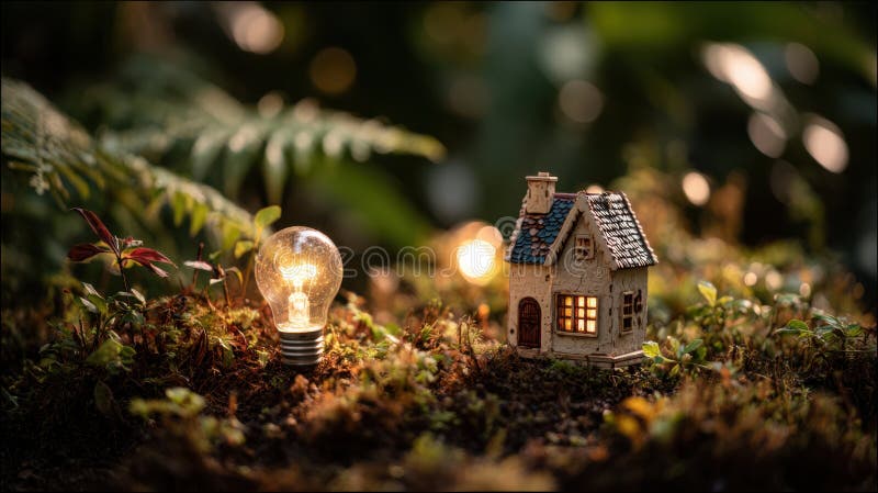 Miniature Cozy House with Glowing Light Bulb in a Magical Forest ...