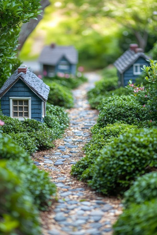 Miniature Cozy Village, Tiny Blue Houses Along a Stone Path Surrounded ...