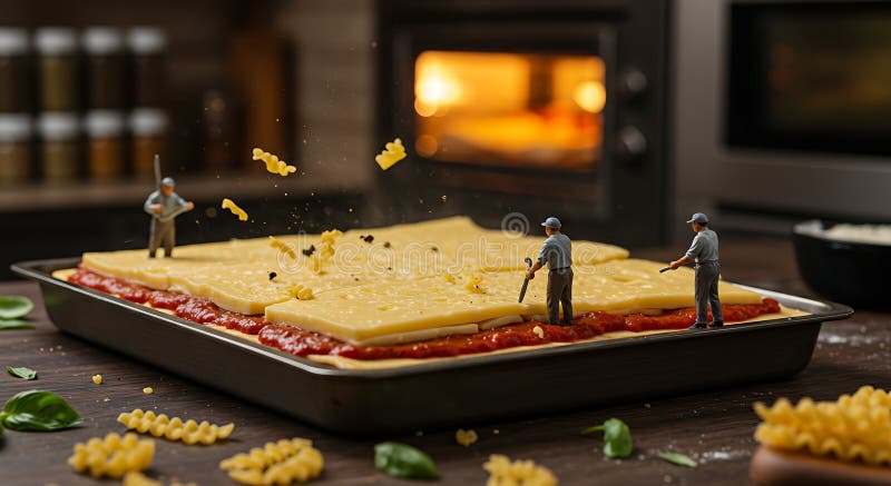 Miniature Crew Constructs a Giant Lasagna Under Kitchen Lights Fantasy ...