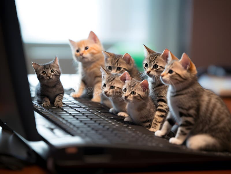 Miniature Cute Cats and Computer, Generative Ai Stock Illustration ...