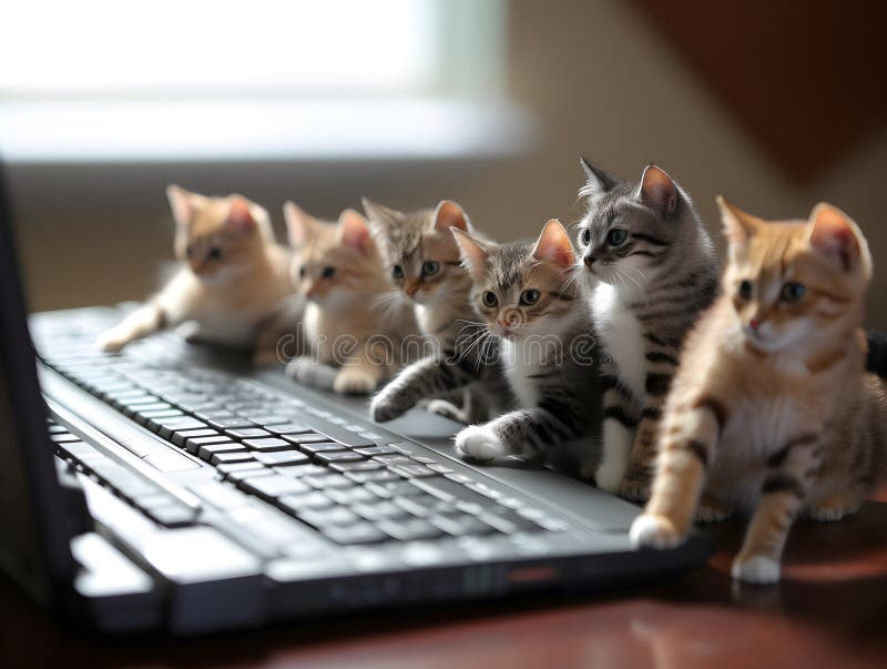 Miniature Cute Cats and Computer, Generative Ai Stock Illustration ...