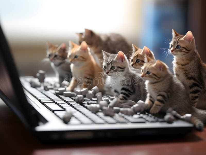 Miniature Cute Cats and Computer, Generative Ai Stock Illustration ...
