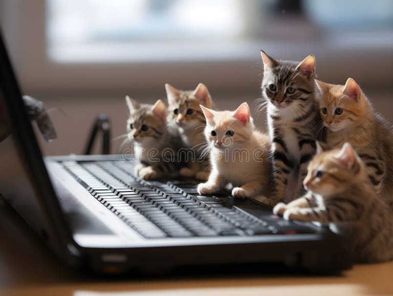 Miniature Cute Cats and Computer, Generative Ai Stock Illustration ...