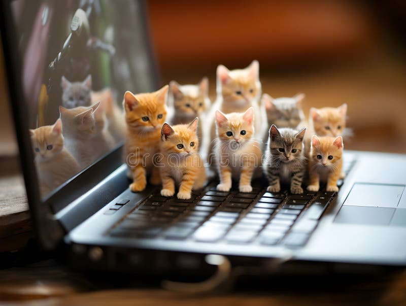 Miniature Cute Cats and Computer, Generative Ai Stock Illustration ...